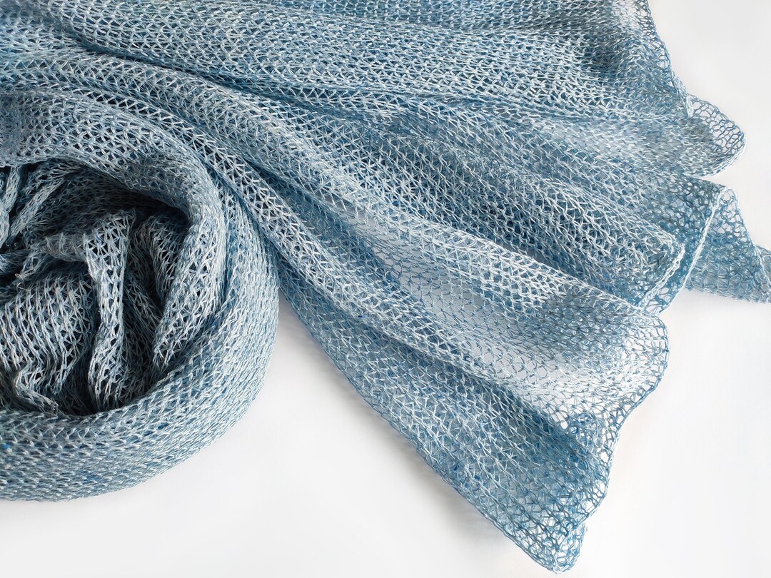 Knitted Light-blue Linen Scarf, Sky-blue Cotton Scarf, Summer Scarf ...