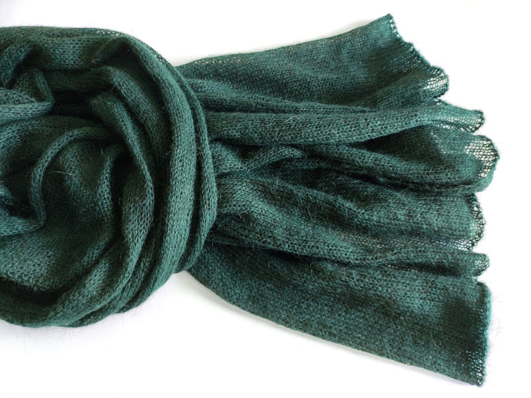 Knitted Alpaca Dark-green Scarf, Bottle Green Lace Scarf, Knit Green ...