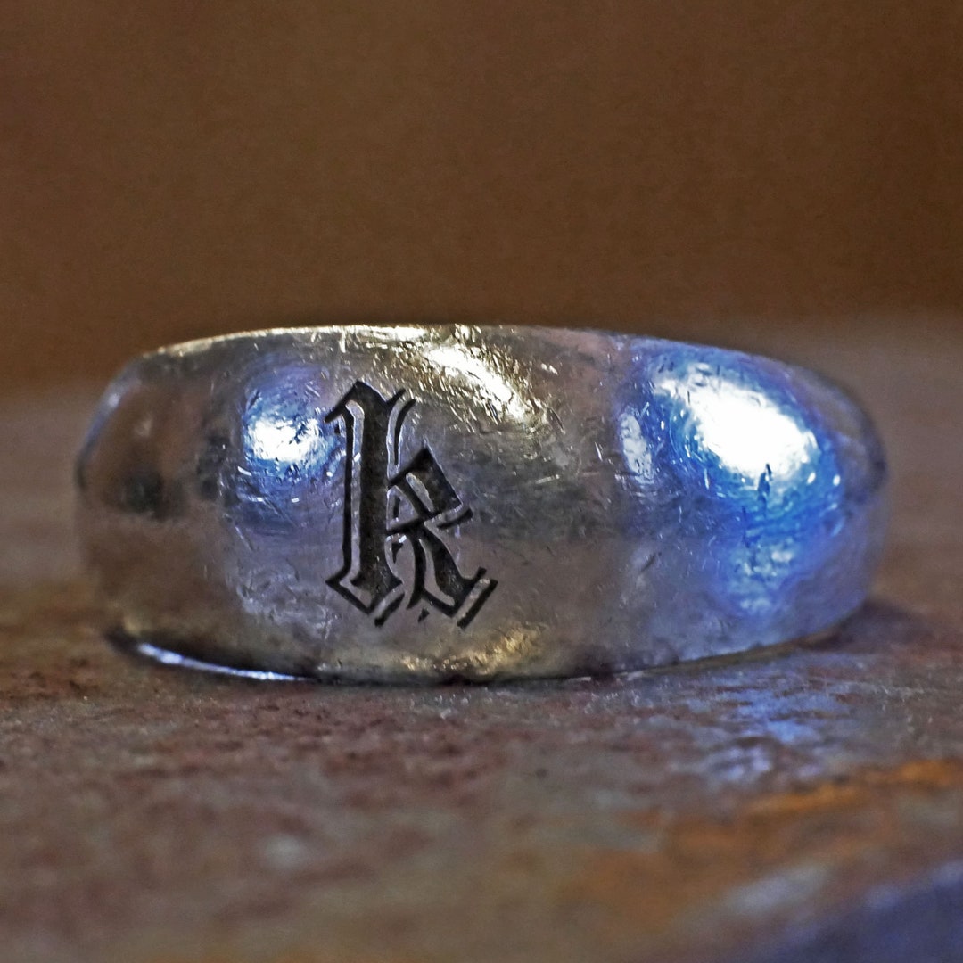 Embossed Black Font Single Initial Engraved Rustic Silver Ring - Etsy