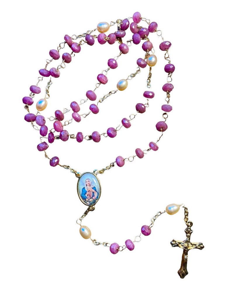 Miraculous Mary Red Ruby Rosary, Ruby and Freshwater Pearl Rosary ...