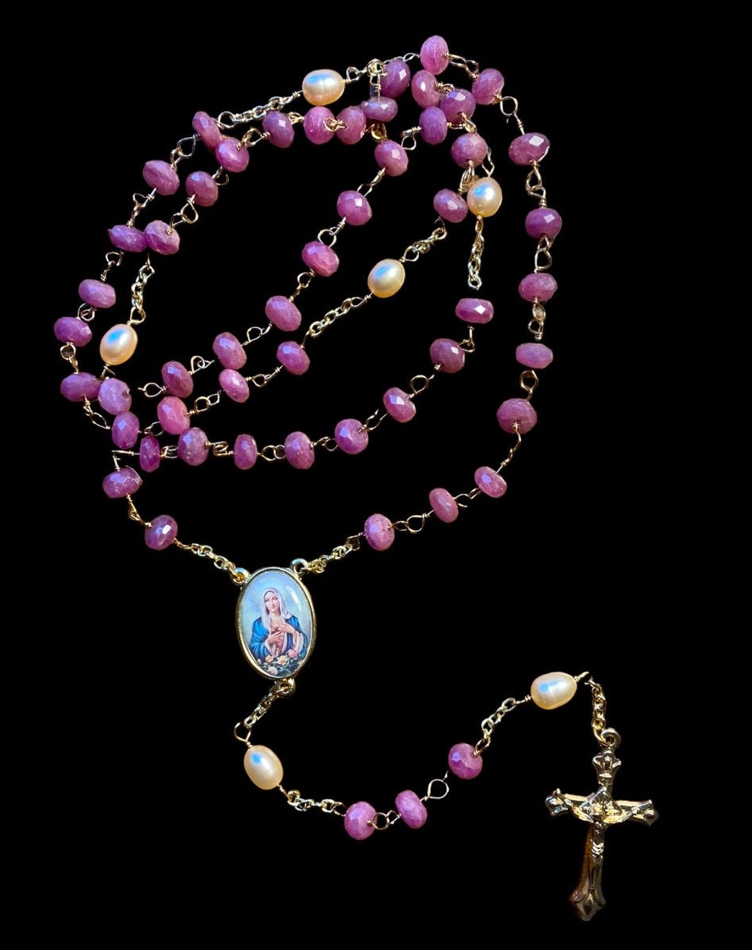 Miraculous Mary Red Ruby Rosary, Ruby and Freshwater Pearl Rosary ...