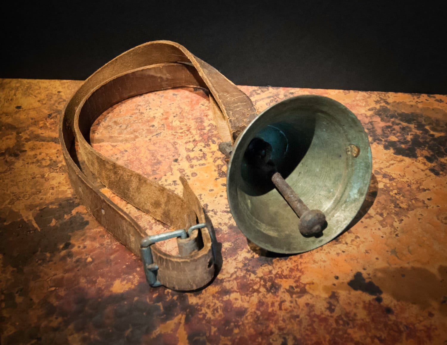 Beautiful Antique European Brass Cowbell with Leather Strap