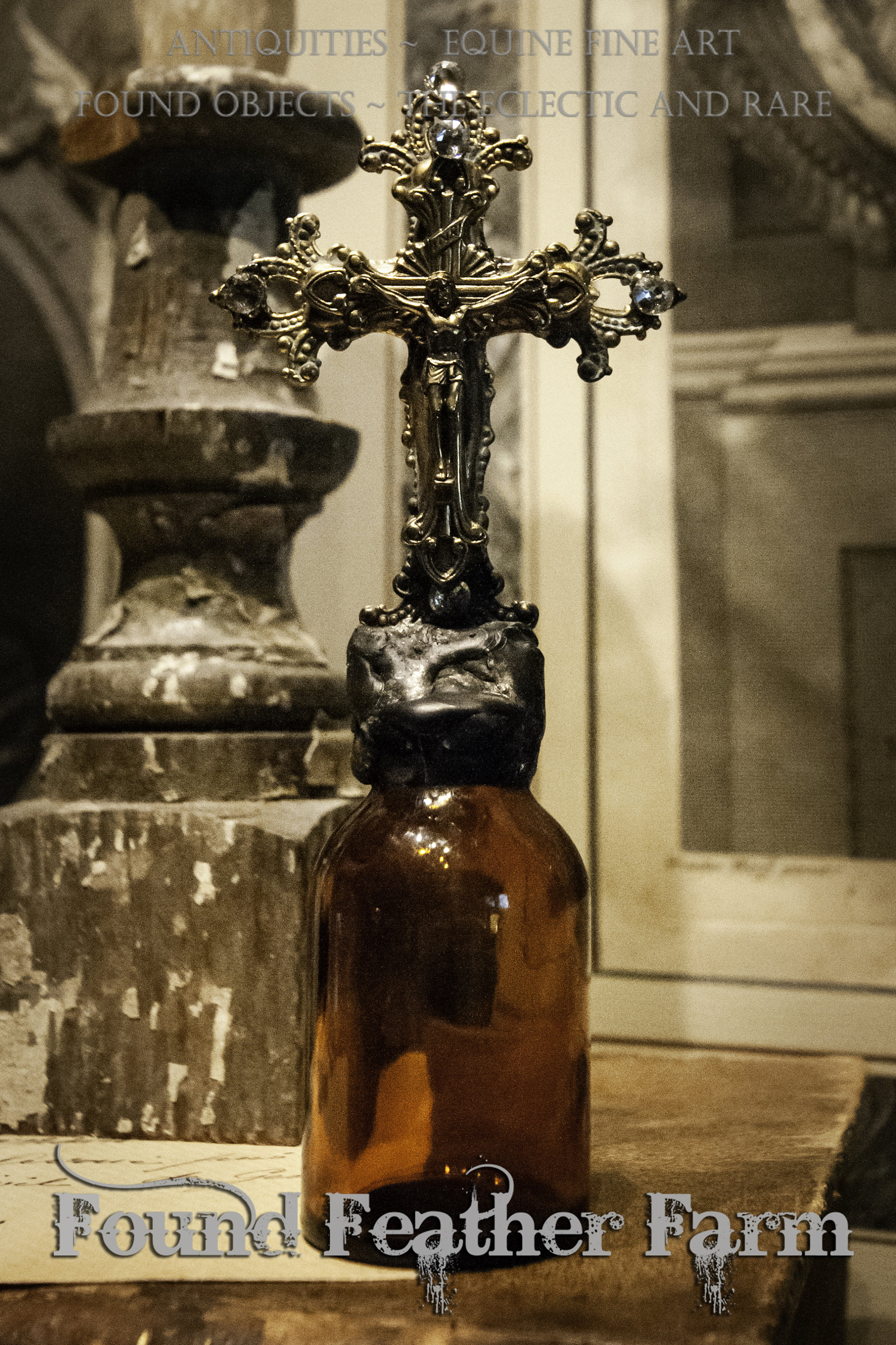Handmade Glass Cross Bottle with a late 1800's era Antique Amber Glass ...