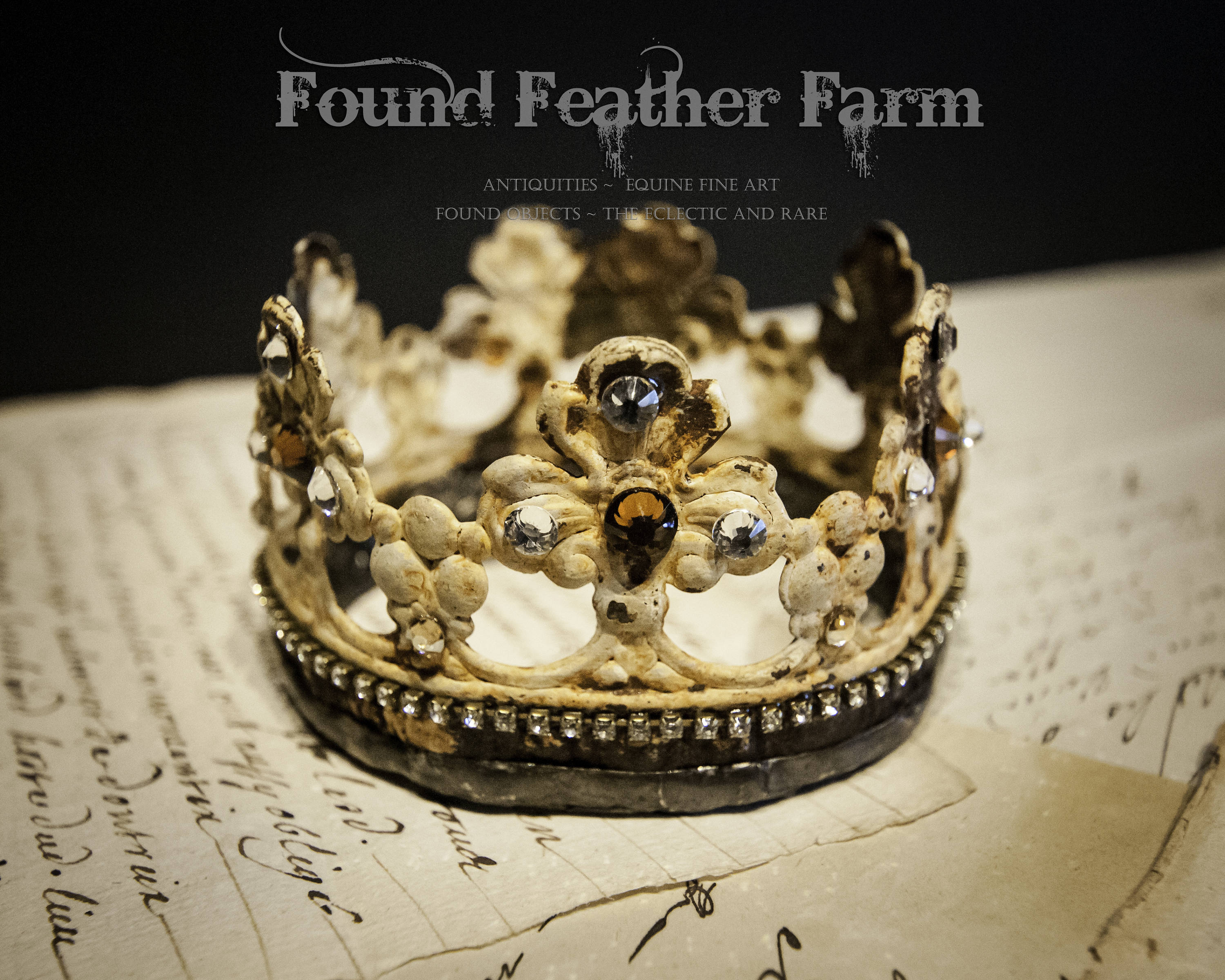 Medium Handmade Embellished Rusted Creme Tin Crown with Vintage Jewels