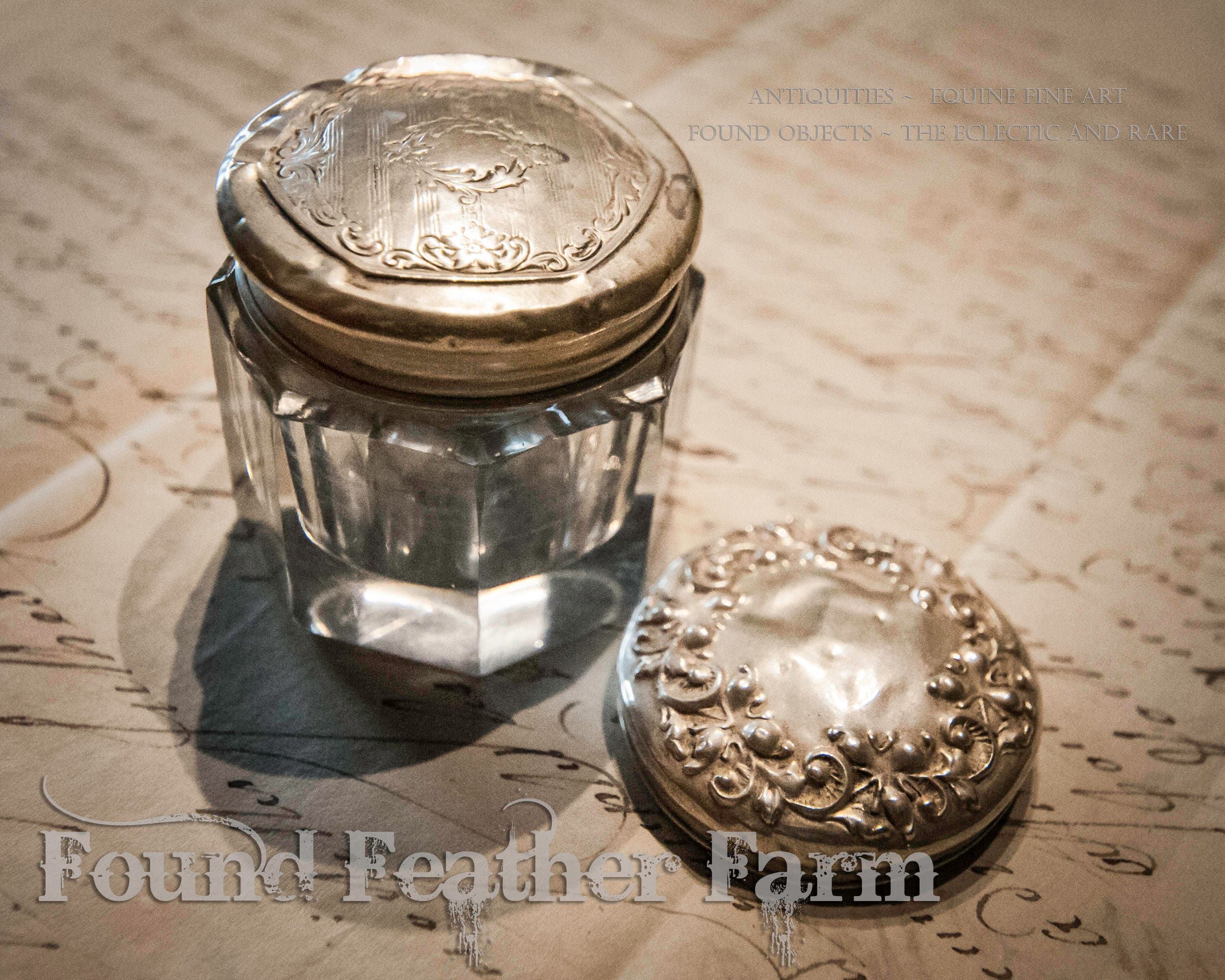 Antique Faceted Glass Vanity Jar with Two Sterling Silver Lids