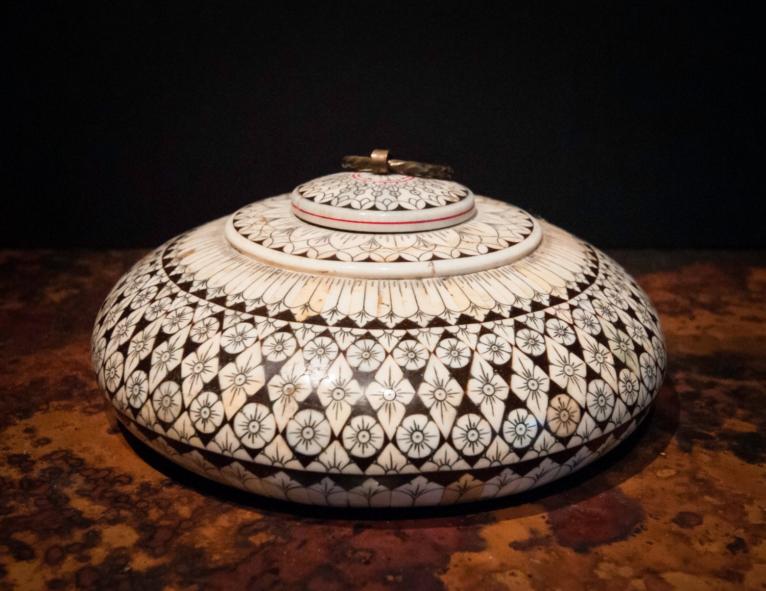 Antique Opium Box with Inlaid Camel Bone and Ebony Wood