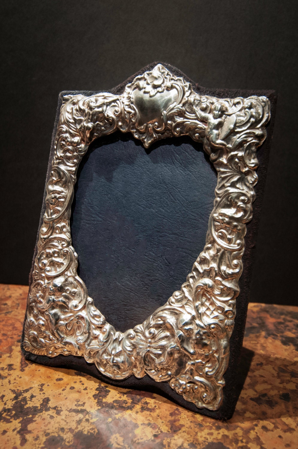 Fine English Vintage Sterling Silver Repousse Heart Shaped Photo Frame