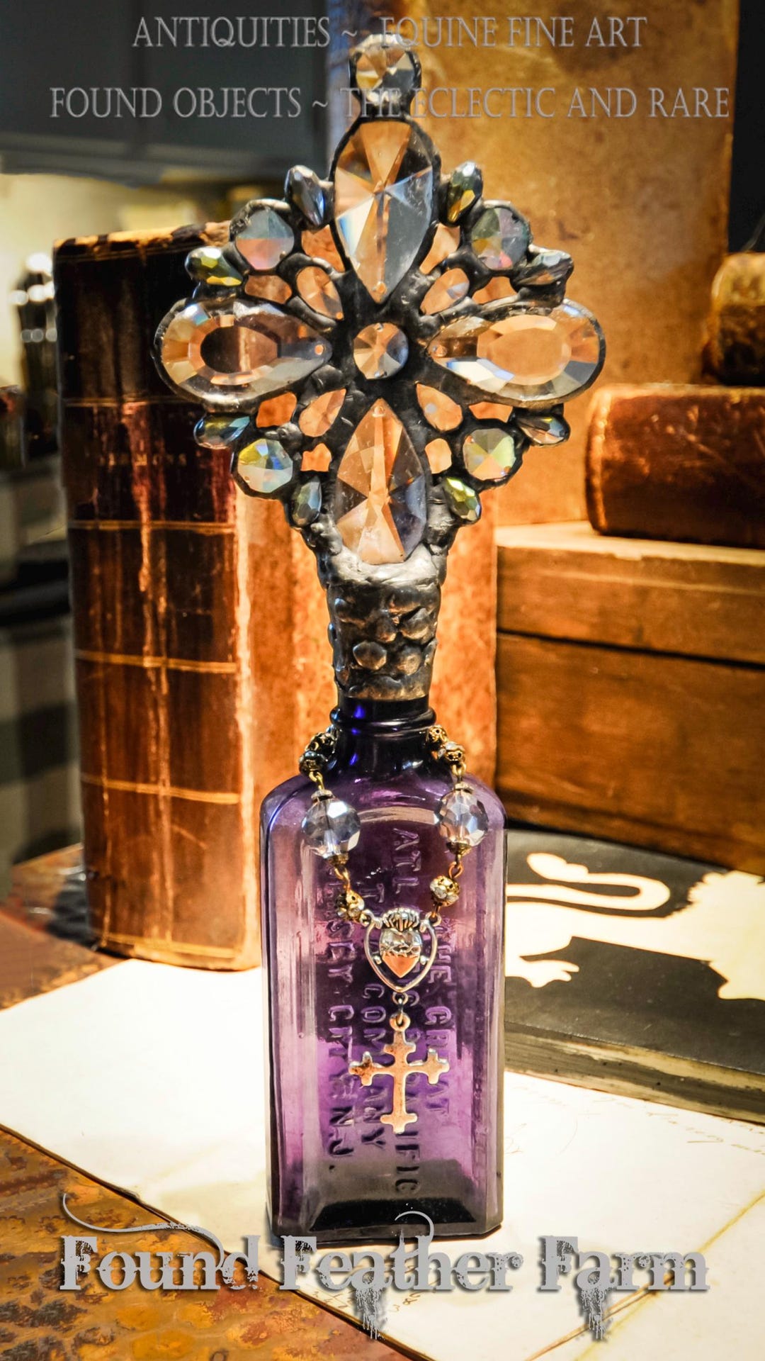 Antique Lavender Glass Bottle Cross, Silver Ex Voto Heart, Beaded Chain ...