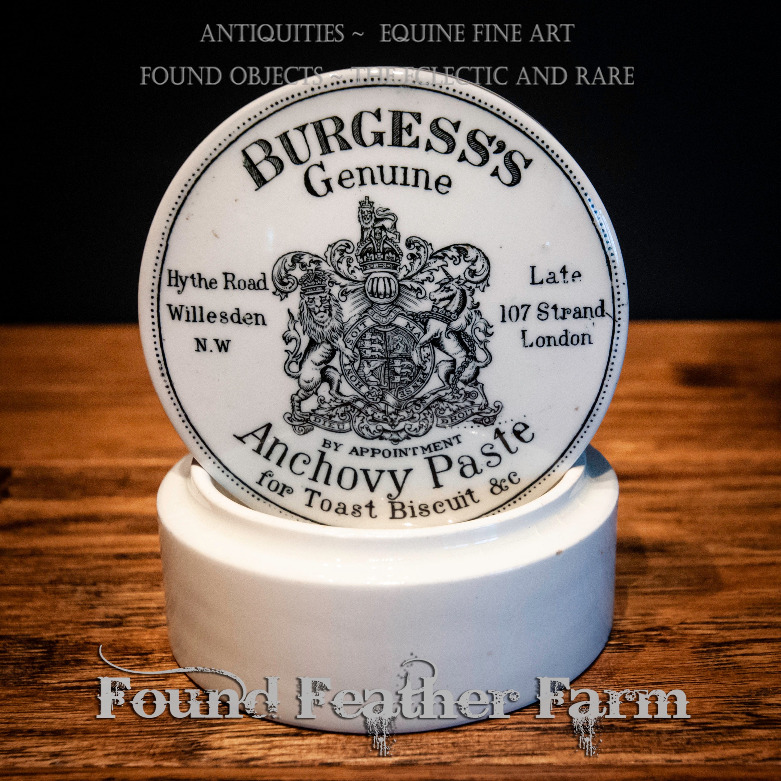 English Antique Prattware Burgess Anchovy Paste Jar and Lid