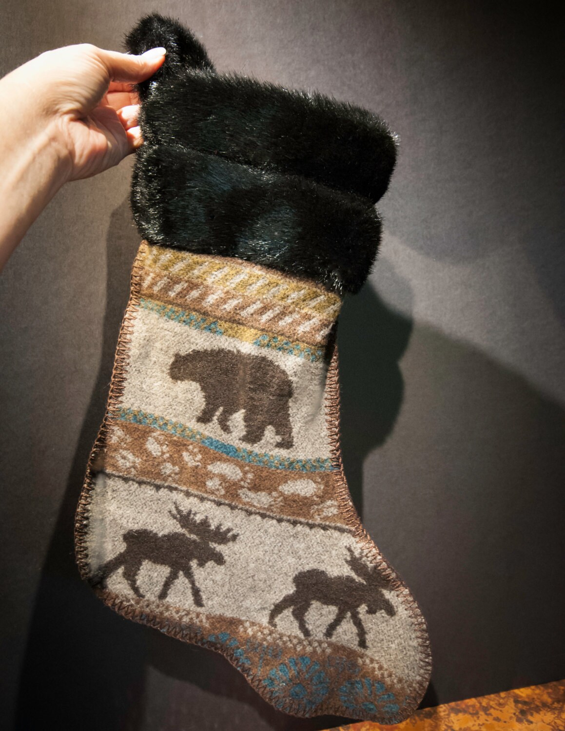 Faux Fur Trimmed Vintage Moose and Bear Stocking