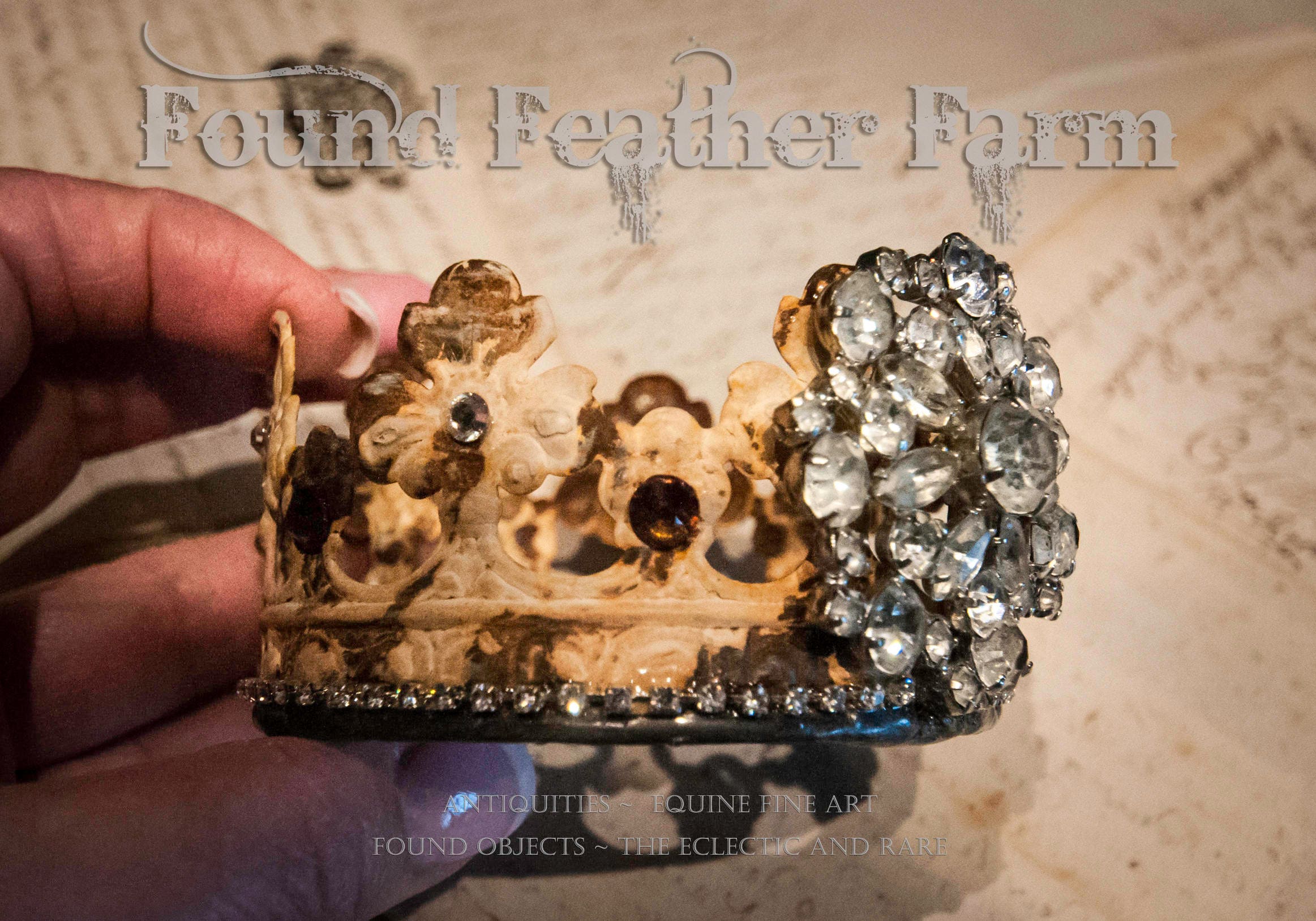 Spectacular Handmade Rusted Creme Tin Crown with Vintage Rhinestone Brooch