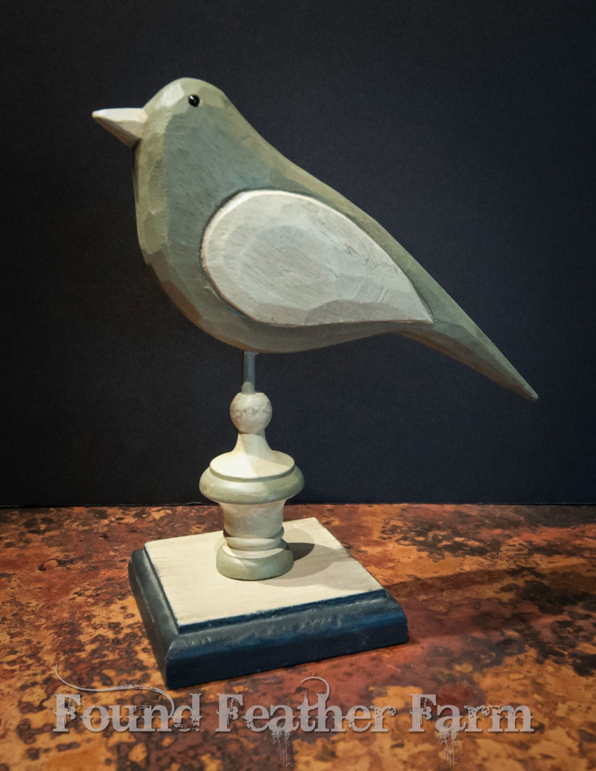 Vintage Carved Wood Primitive Bird Finial on Stand