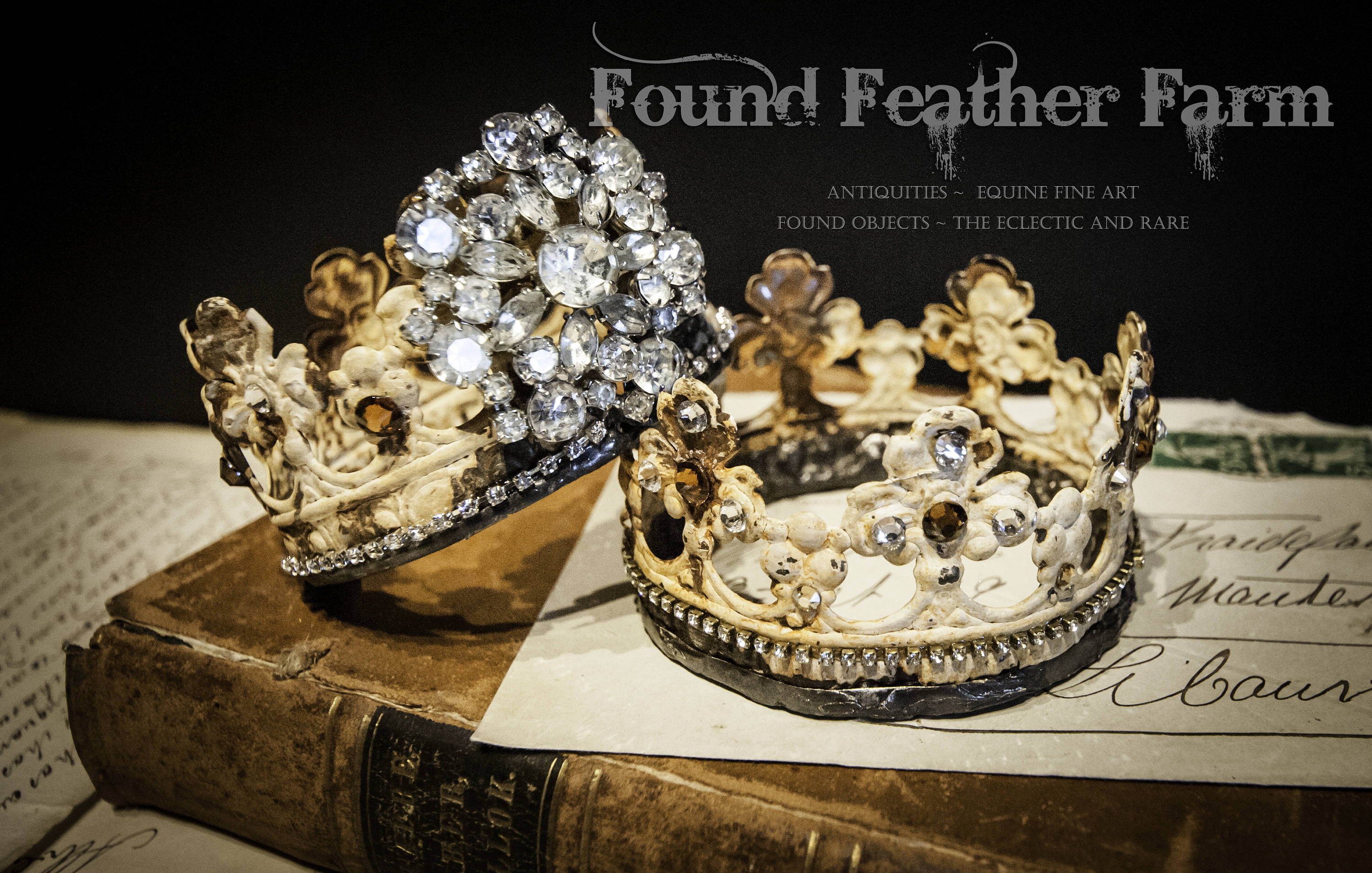 Medium Handmade Embellished Rusted Creme Tin Crown with Vintage Jewels