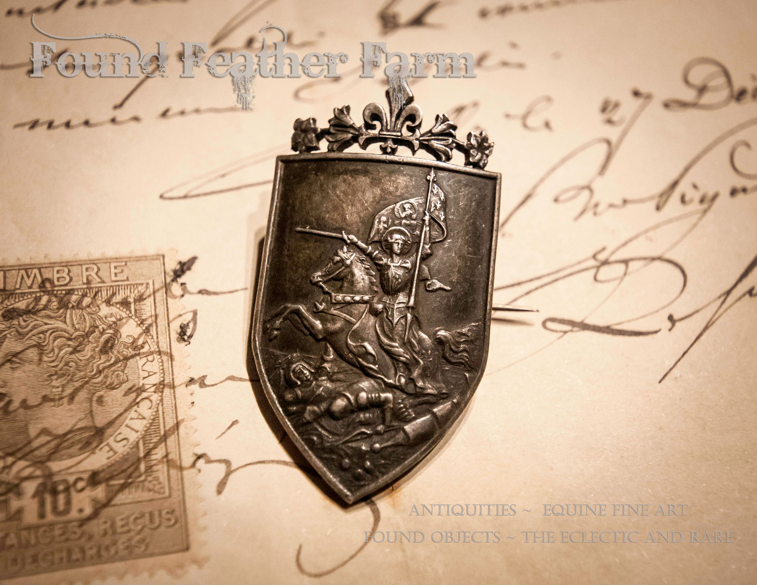 Stunning Pewter Silver Joan of Arc French Antique Pin Dated 1894