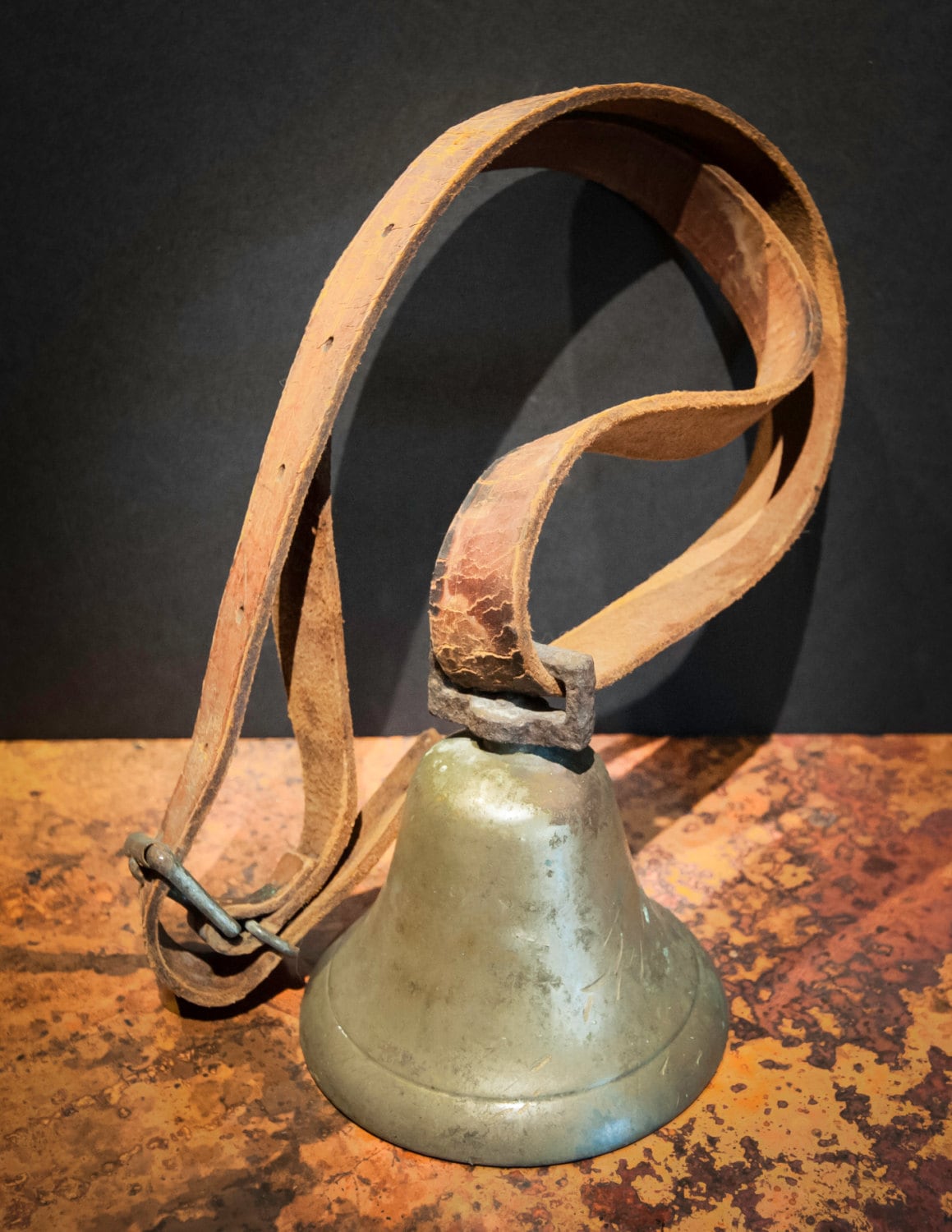 Beautiful Antique European Brass Cowbell with Leather Strap
