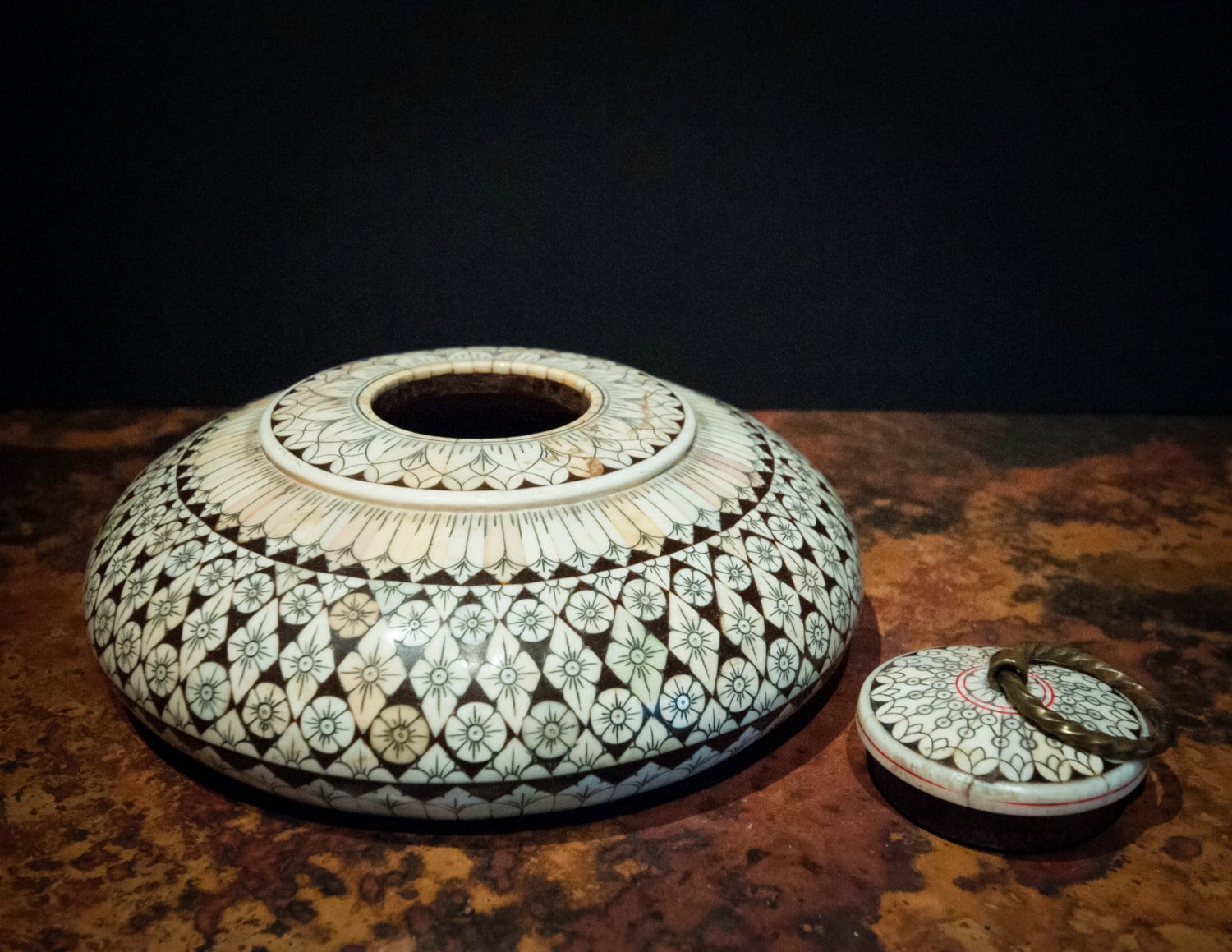 Antique Opium Box with Inlaid Camel Bone and Ebony Wood