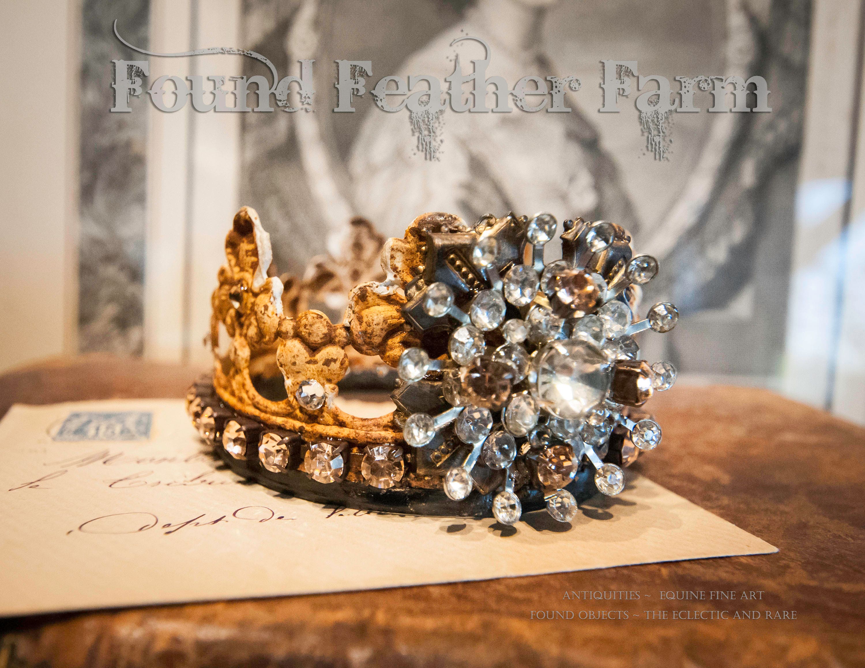 Handmade Rusted Tin Crown with Vintage Brooch and Peach Rhinestones