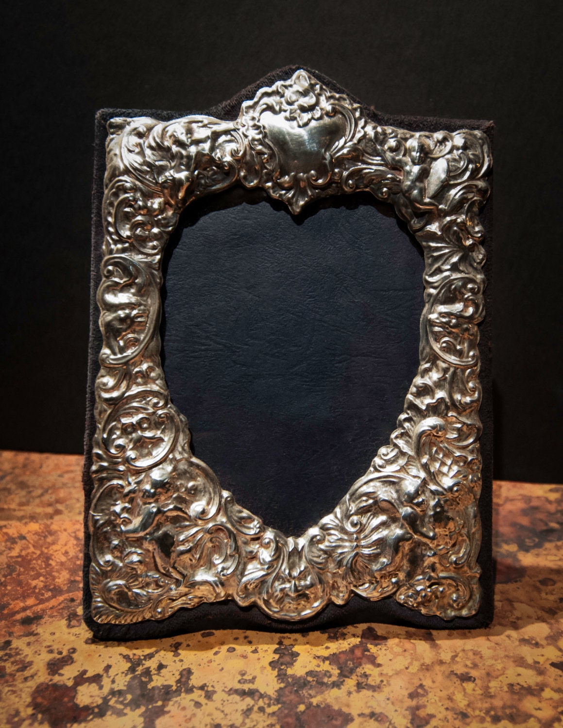 Fine English Vintage Sterling Silver Repousse Heart Shaped Photo Frame