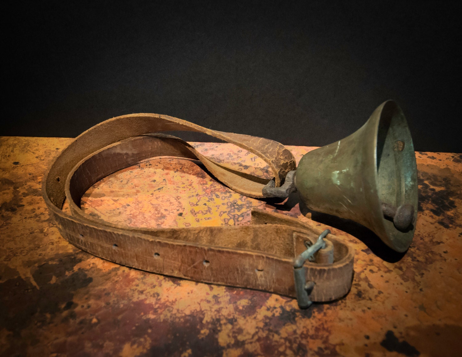 Beautiful Antique European Brass Cowbell with Leather Strap