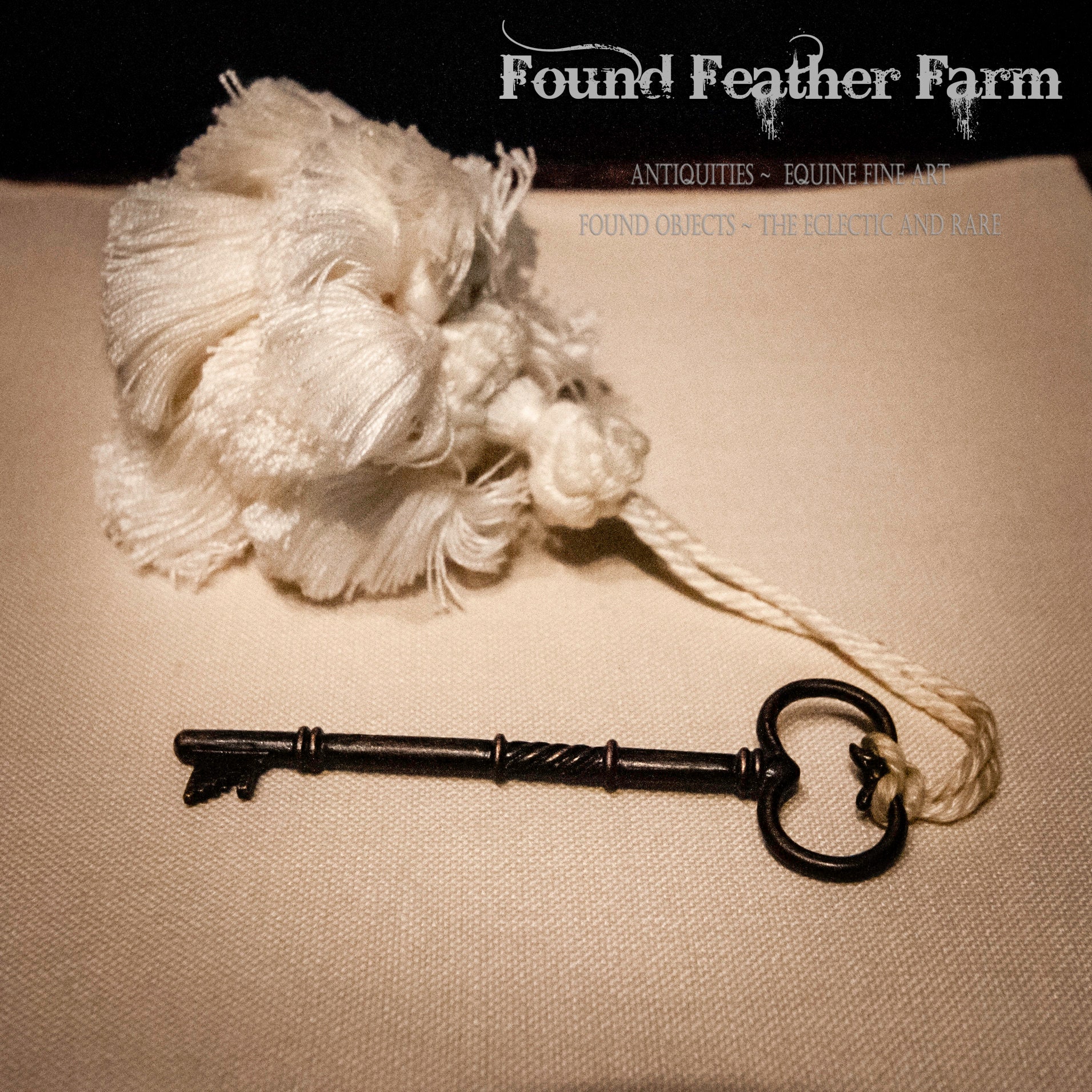 Vintage Soft Creme Key Tassel with Distressed Black Skeleton Key