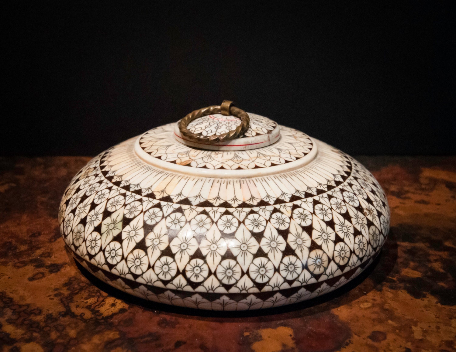 Antique Opium Box with Inlaid Camel Bone and Ebony Wood