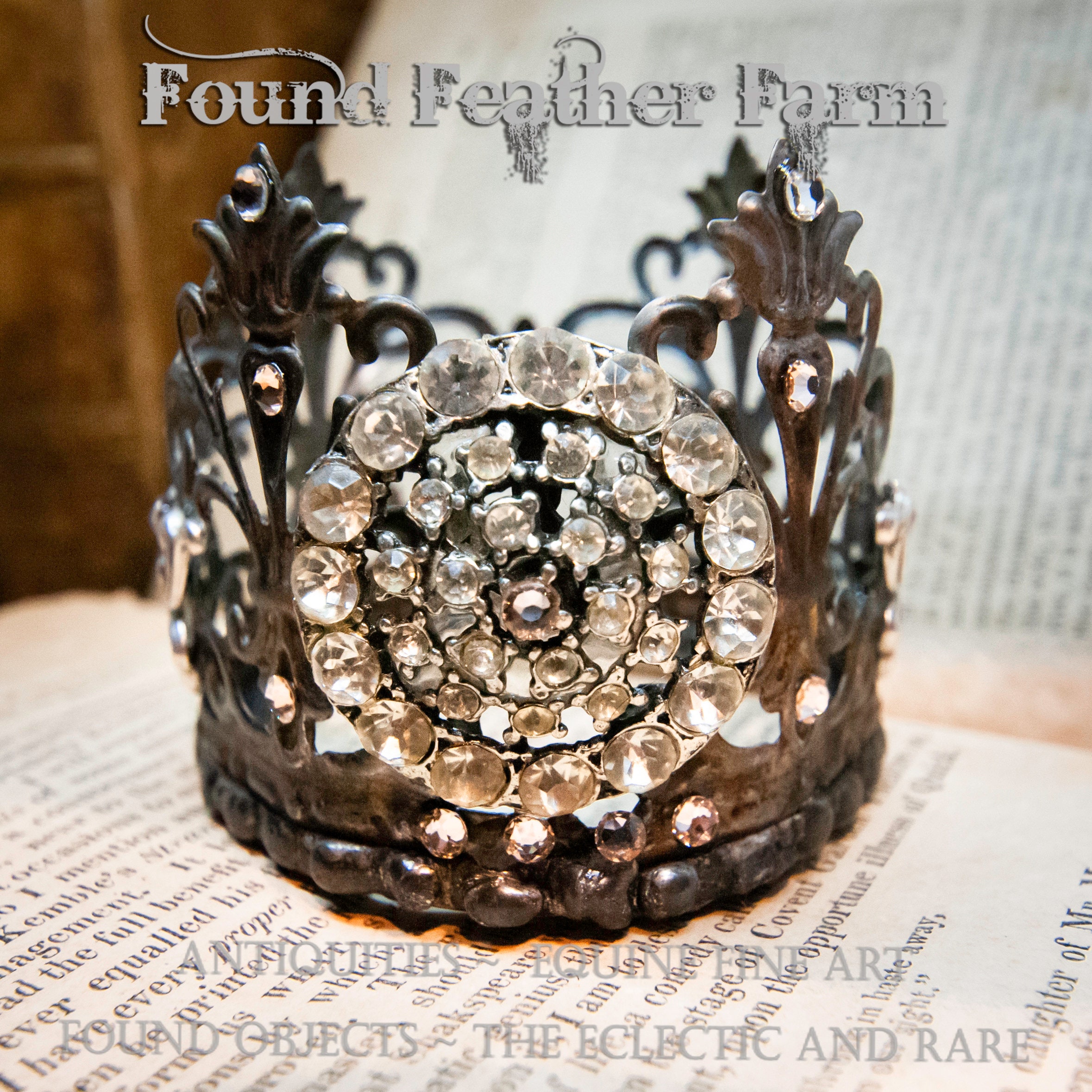 Handmade Crown with Silver Lace Trim and Vintage Rhinestone Brooch