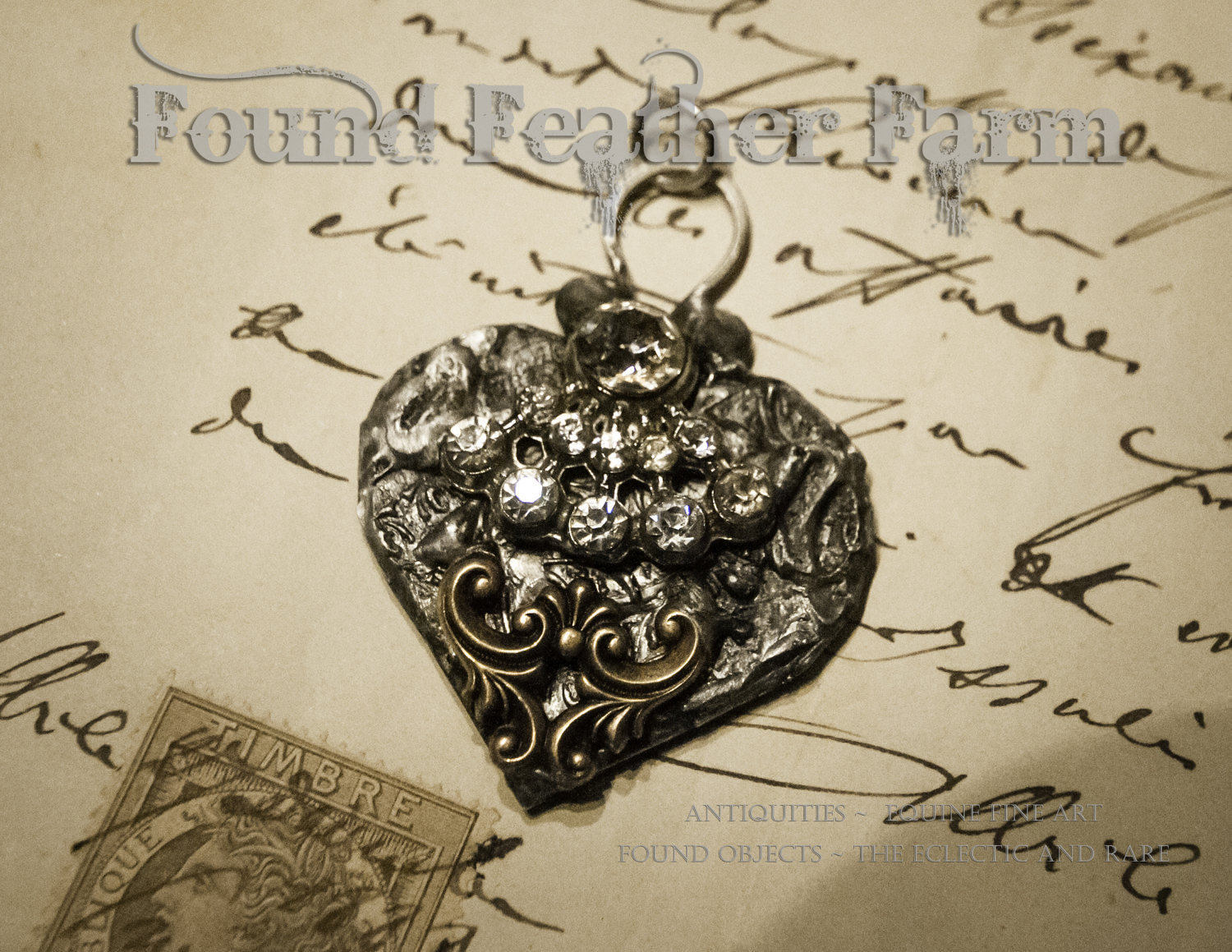 Handmade Embossed Heart Pendant with Vintage Jewels and Bronze Scroll ...