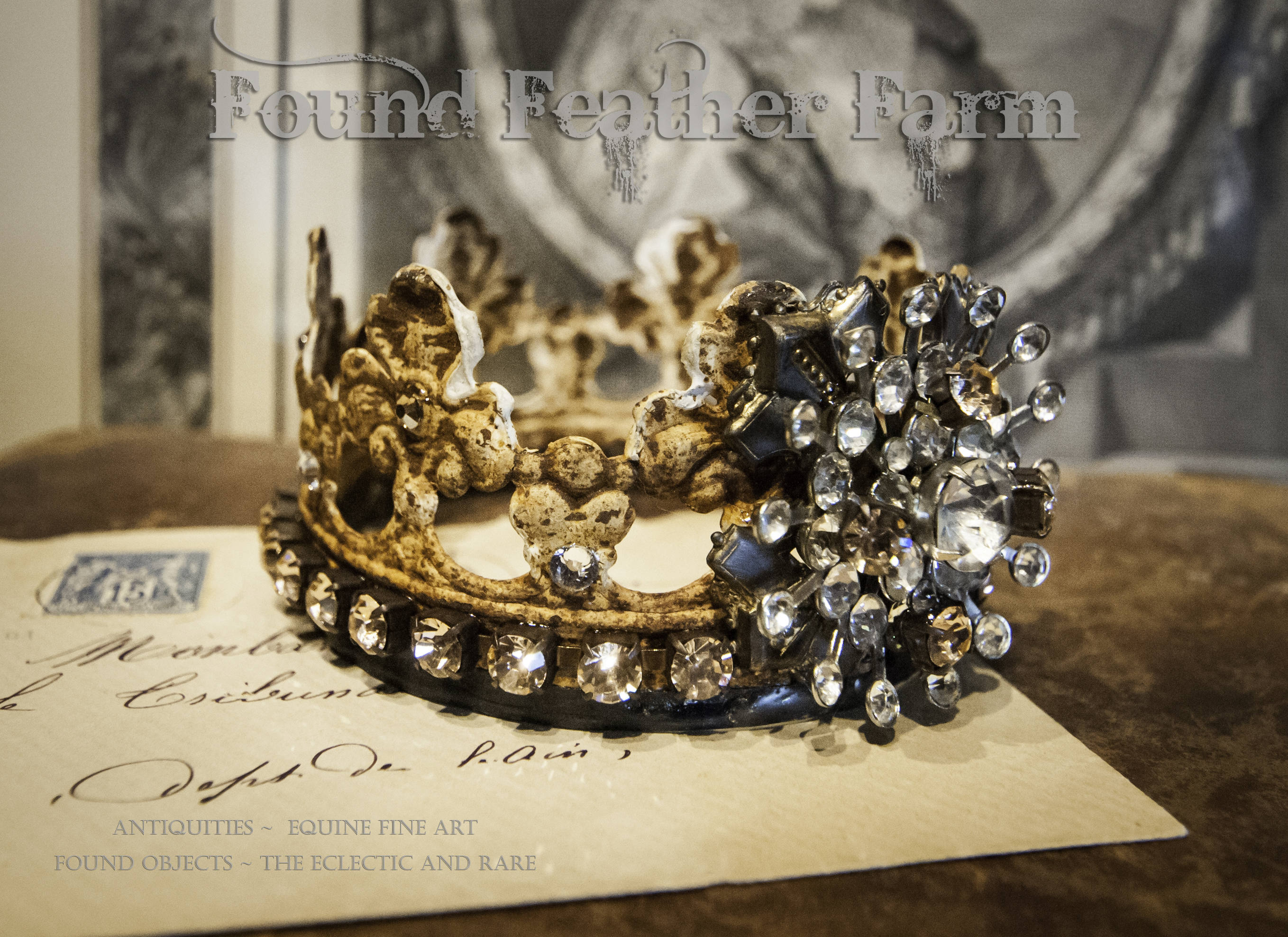 Handmade Rusted Tin Crown with Vintage Brooch and Peach Rhinestones