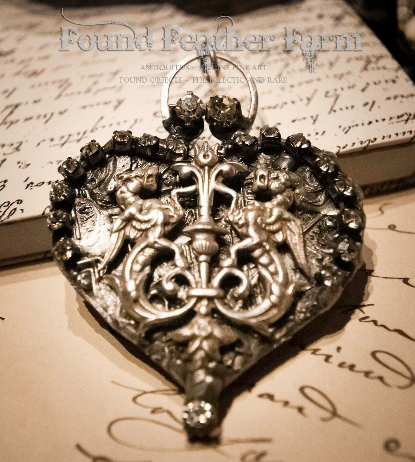 Handmade Embossed Heart Pendant with Vintage Jewels and Silver English ...