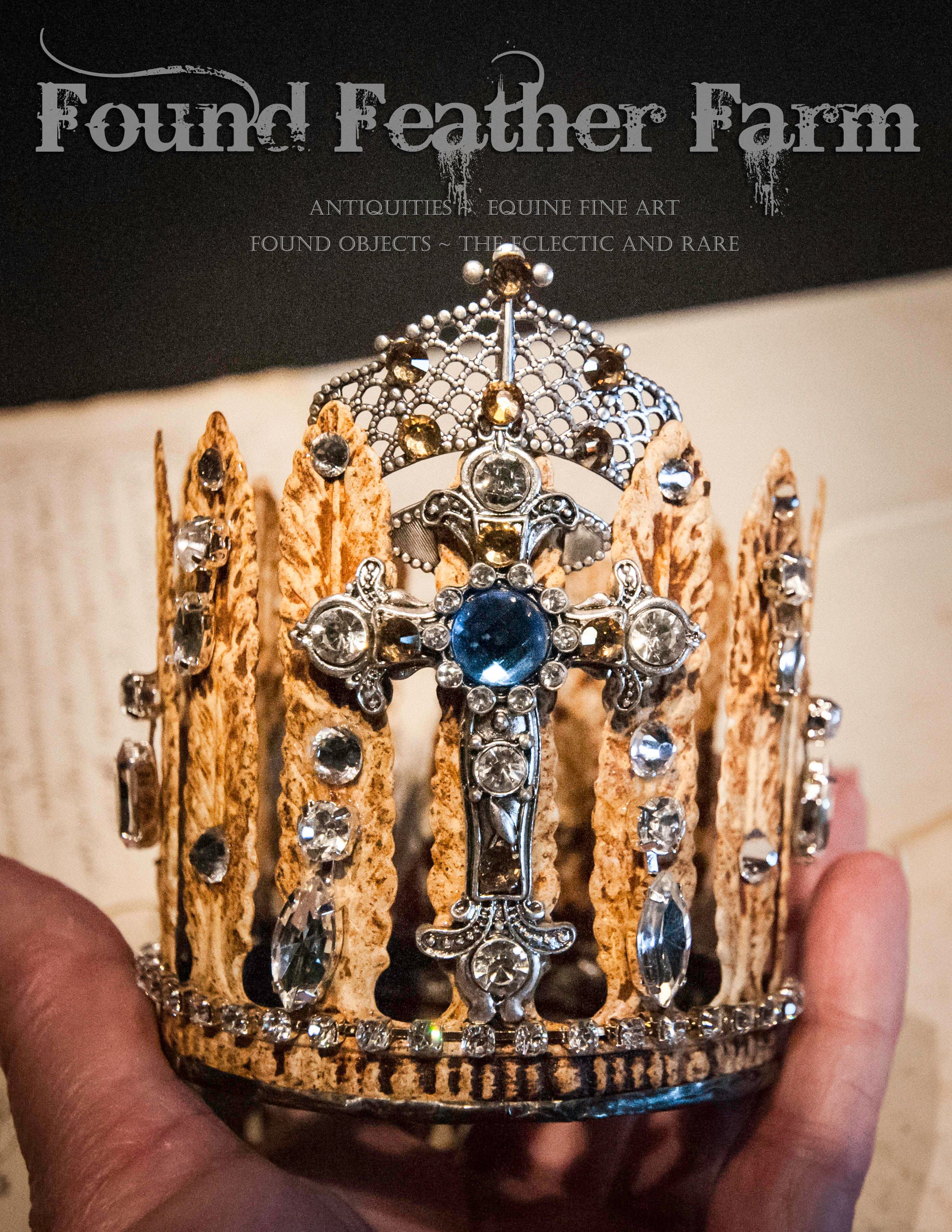 Handmade Embellished Rusted Creme Acanthus Tin Crown with Crystal Cross ...