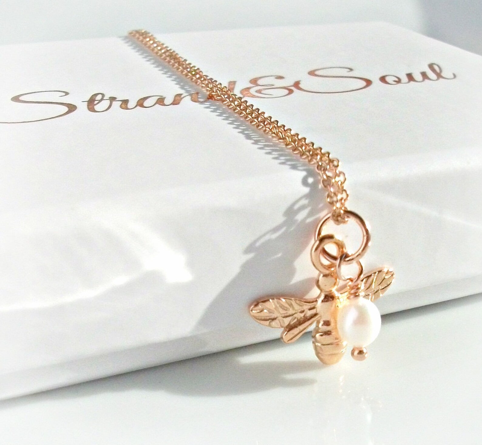 Bumble Bee Rose Gold Necklace With Tiny Fresh Water Pearl | Etsy