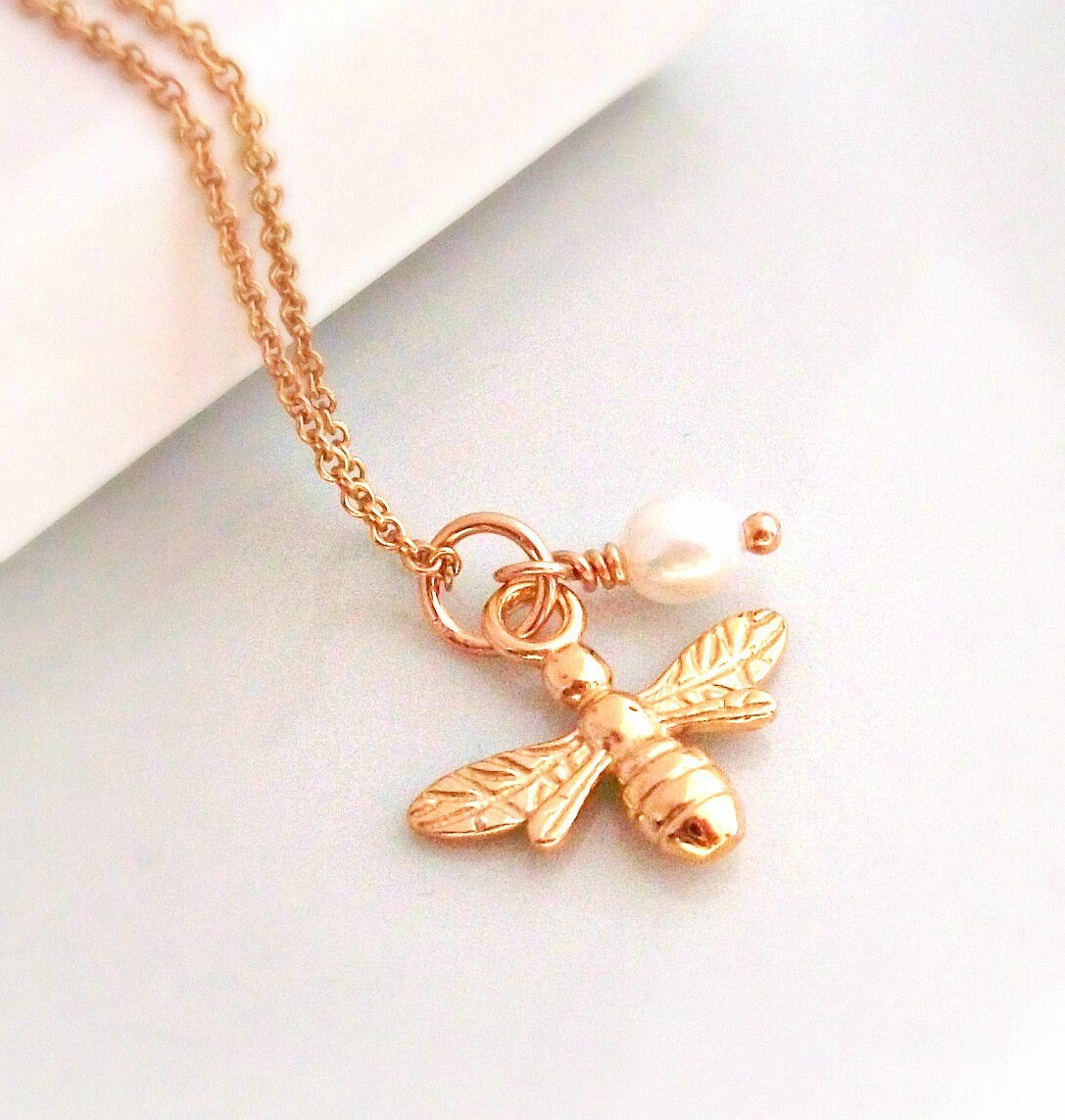 Bumble Bee Rose Gold Necklace With Tiny Fresh Water Pearl | Etsy