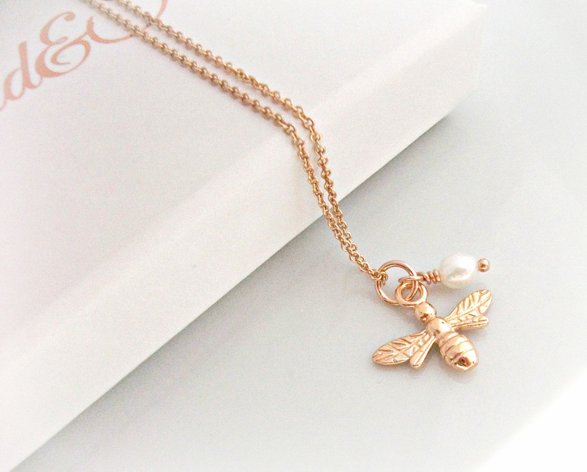 Bumble Bee Rose Gold Necklace With Tiny Fresh Water Pearl | Etsy