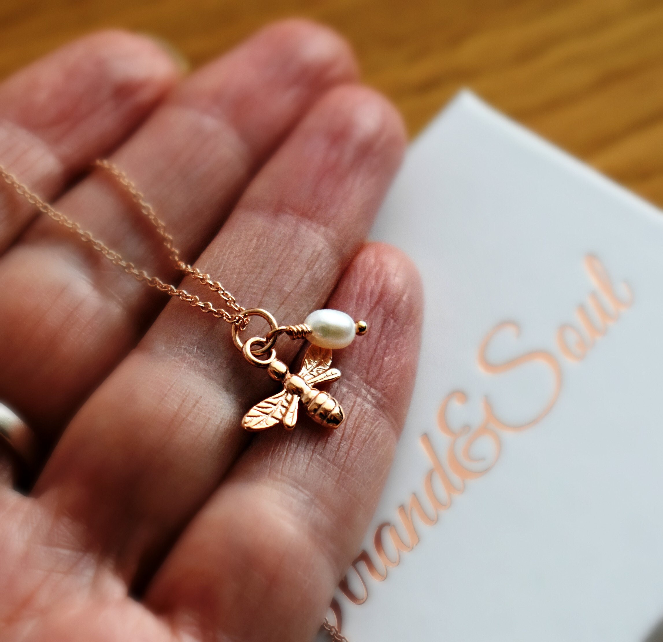 Bumble Bee Rose Gold Necklace With Tiny Fresh Water Pearl | Etsy