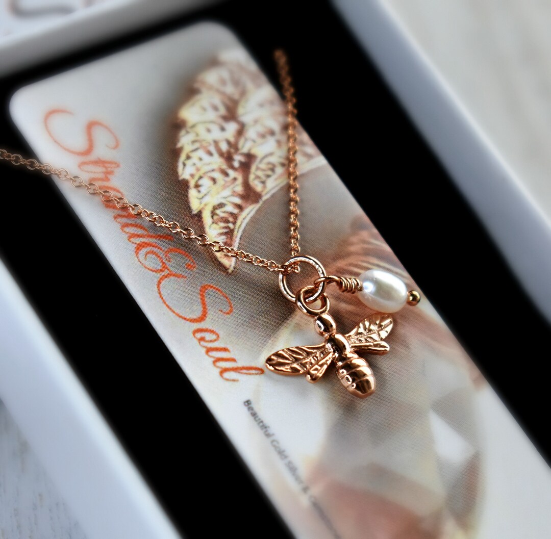 Bumble Bee Rose Gold Necklace With Tiny Fresh Water Pearl Bridal ...
