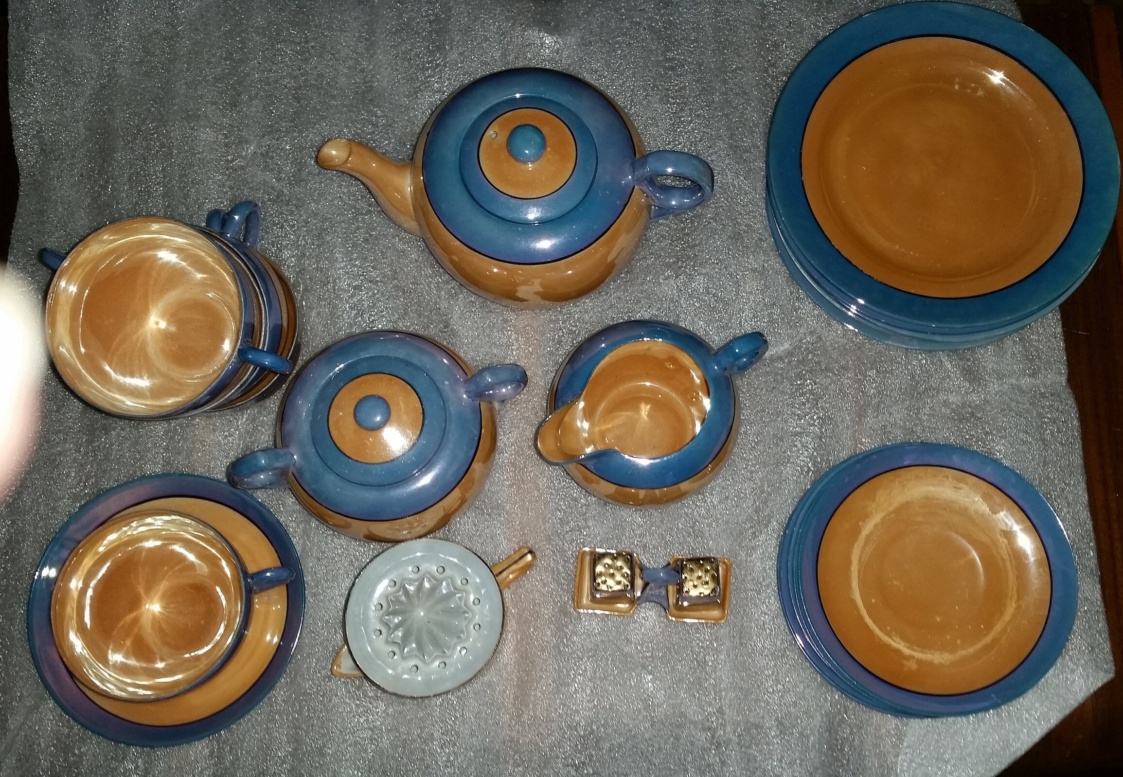 Vintage Japanese Porcelain Luster Ware Tea Set Blue Orange Iridescent ...