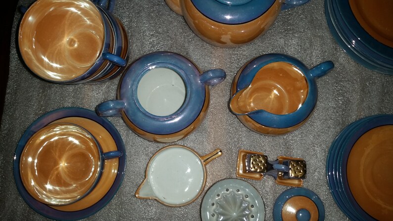 Vintage Japanese Porcelain Luster Ware Tea Set Blue Orange - Etsy