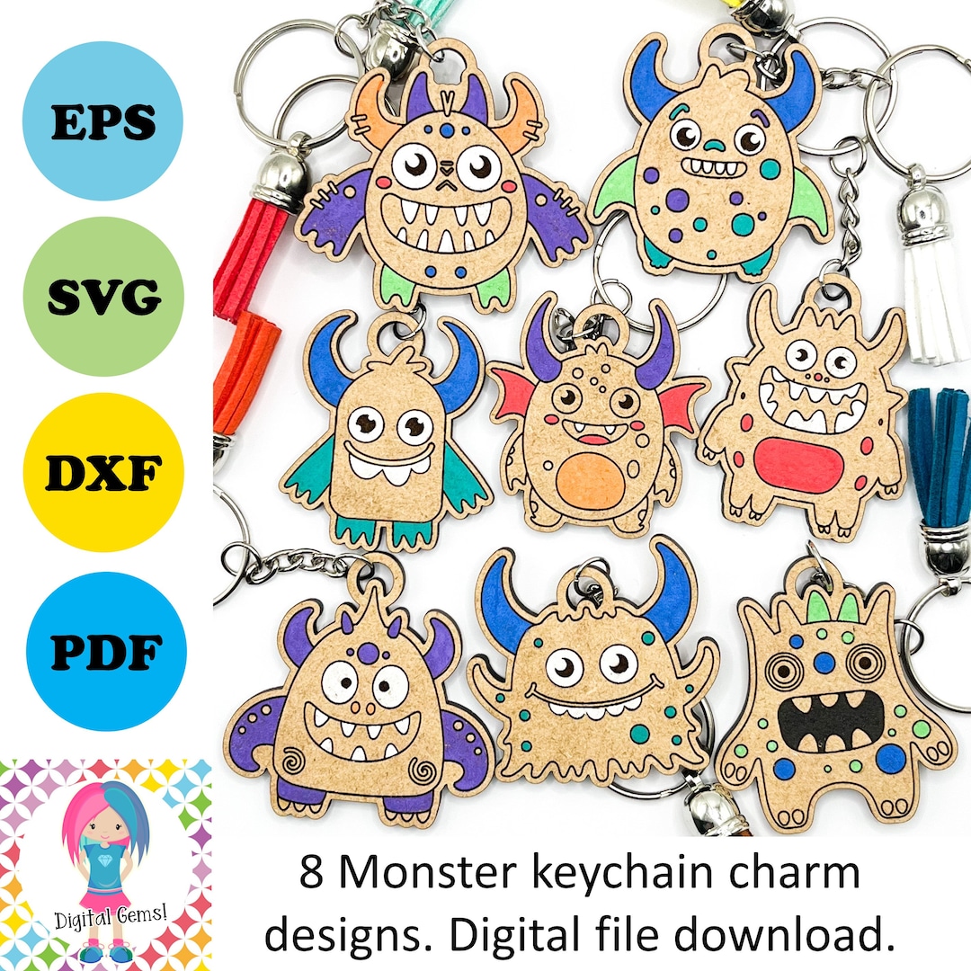 Monster Keyring Charm Designs, 8 Laser Svg / Dxf / Eps / Pdf Files ...