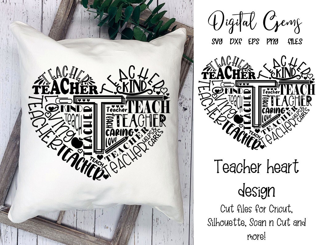 Teacher typography heart design svg / dxf / eps / png files. | Etsy