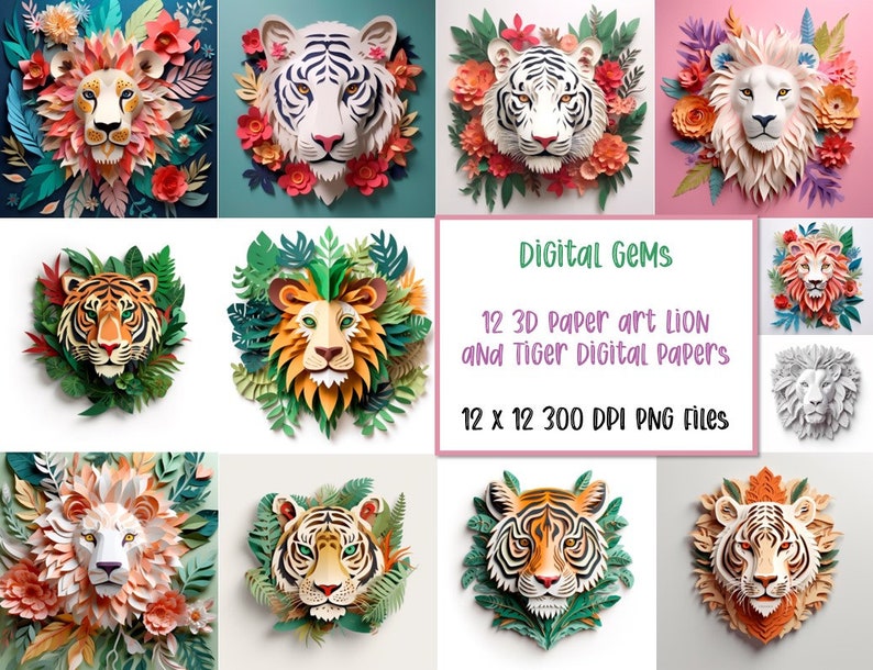 3D Lion and Tiger Digital Paper Art Designs. - Etsy