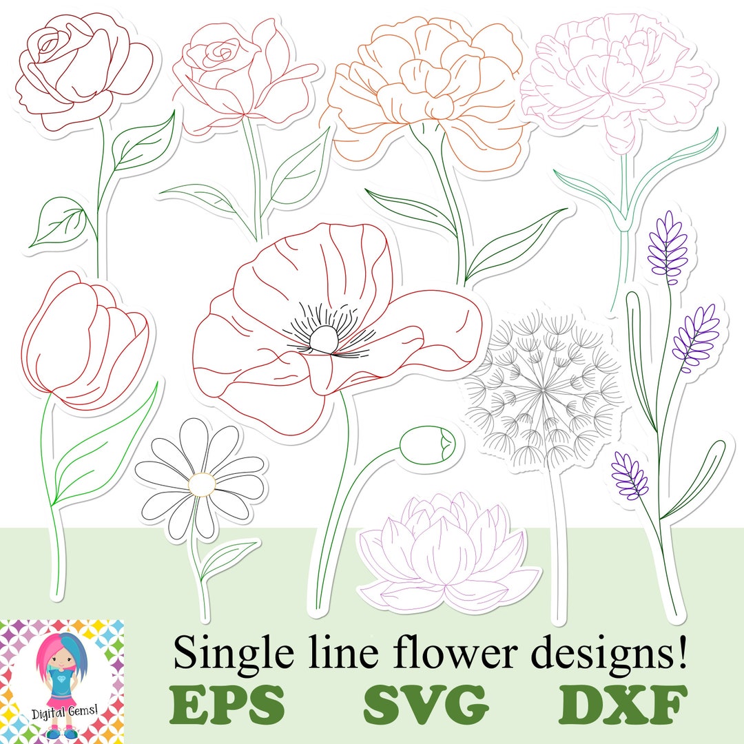 Flower SVG Single Line Drawing Designs: Cricut, Silhouette (digital ...