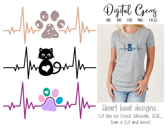 Cat and Paw Print Heart Beat Designs. Svg / Dxf / Eps / Png | Etsy