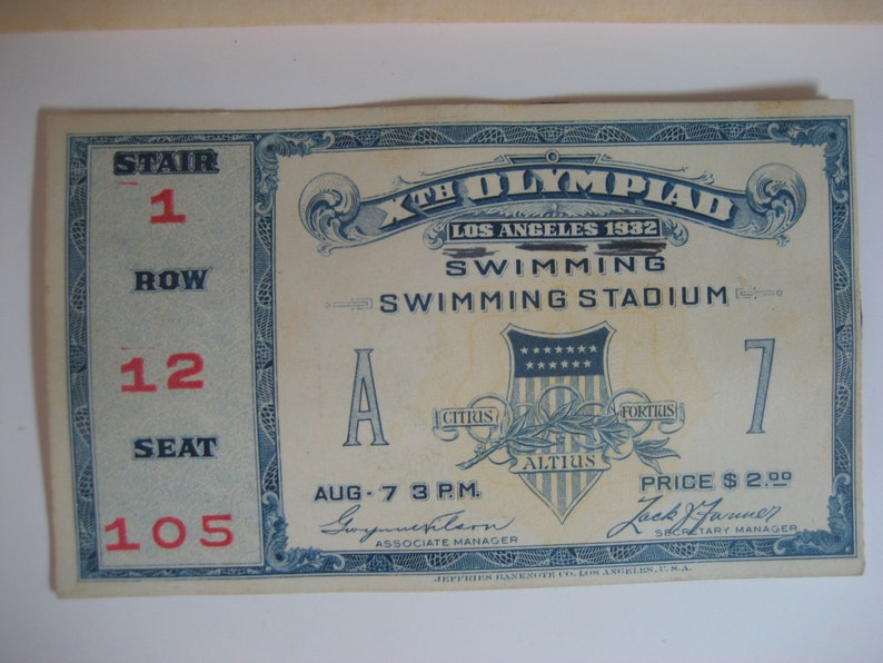 Olympics 1932 Los Angeles Swimming Ticket Plus Extra - Etsy