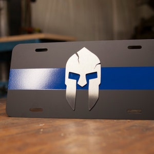 Spartan - Thin Blue Line License Plate - Steel - Stainless Steel ...
