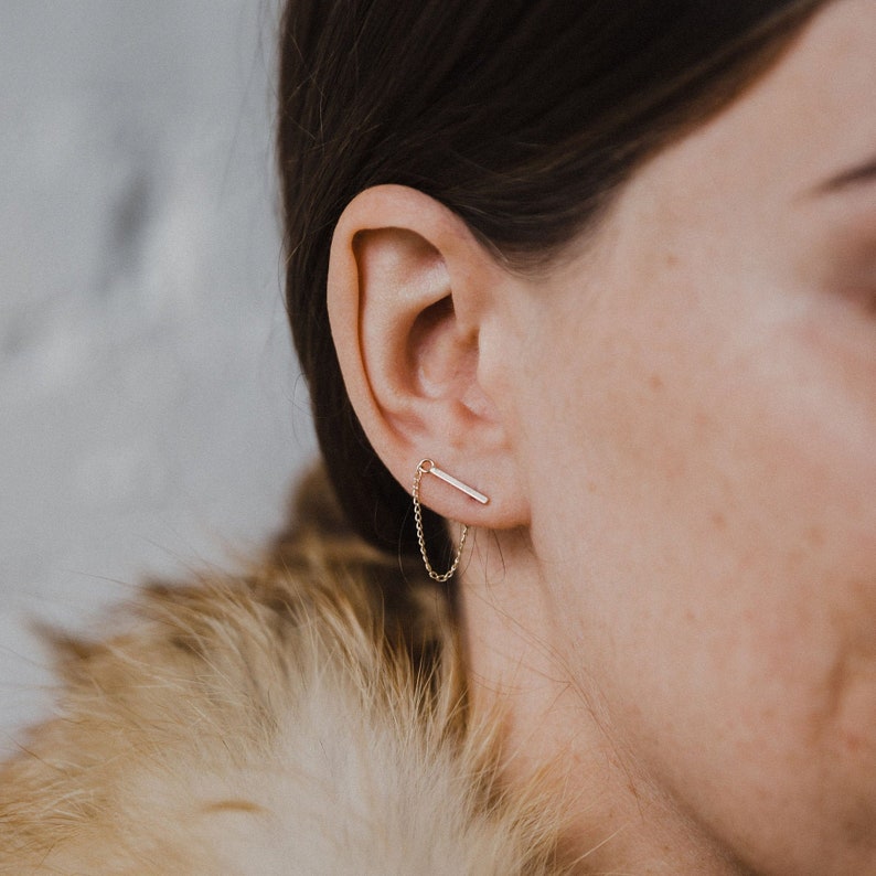 Bar Earrings with chain Sterling Silver Bar Earrings | Etsy