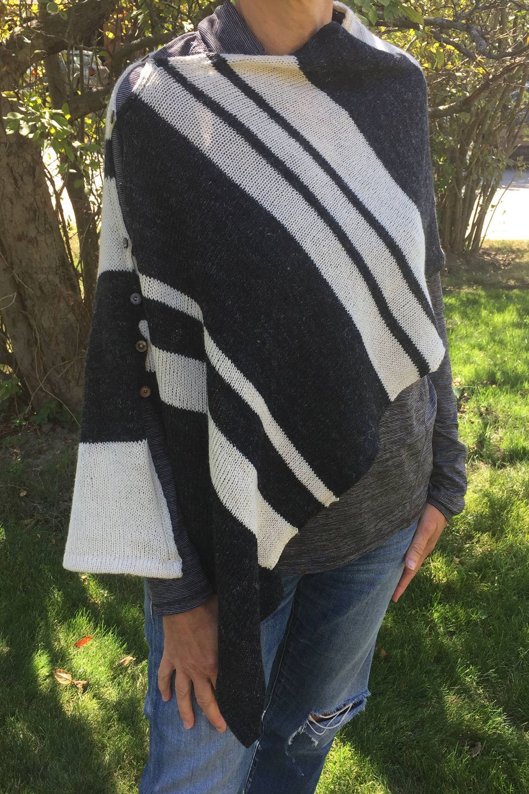 Striped Knit Poncho Pattern: Easy Buttonhole Wrap (PDF Pattern) - Etsy