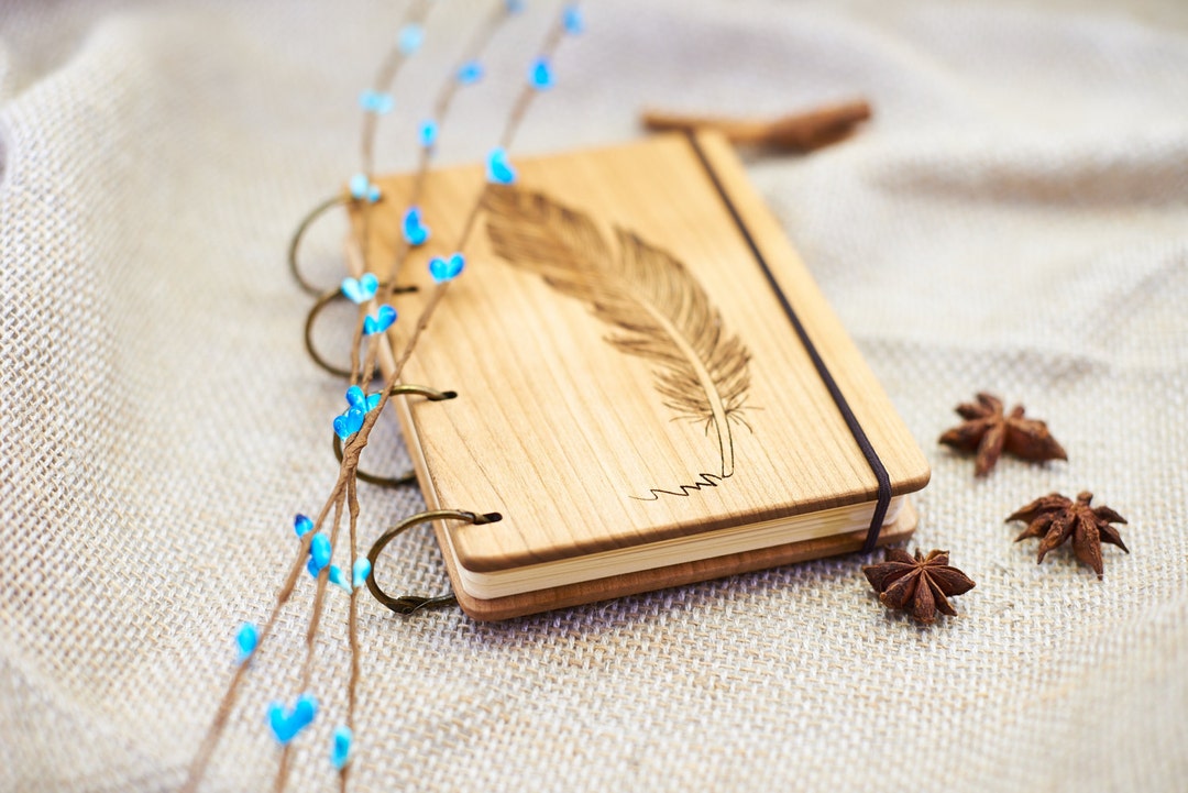 Wooden Notebook Feather Notebook Cover Travelers Notebook A5 Notebook ...