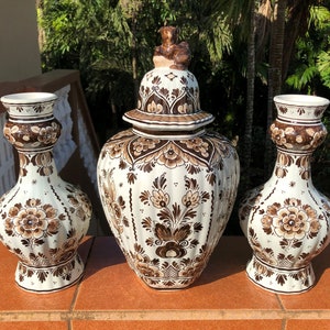 Delft De Drietand Golda Brown Ginger Jar Vase Garniture Set Large ...