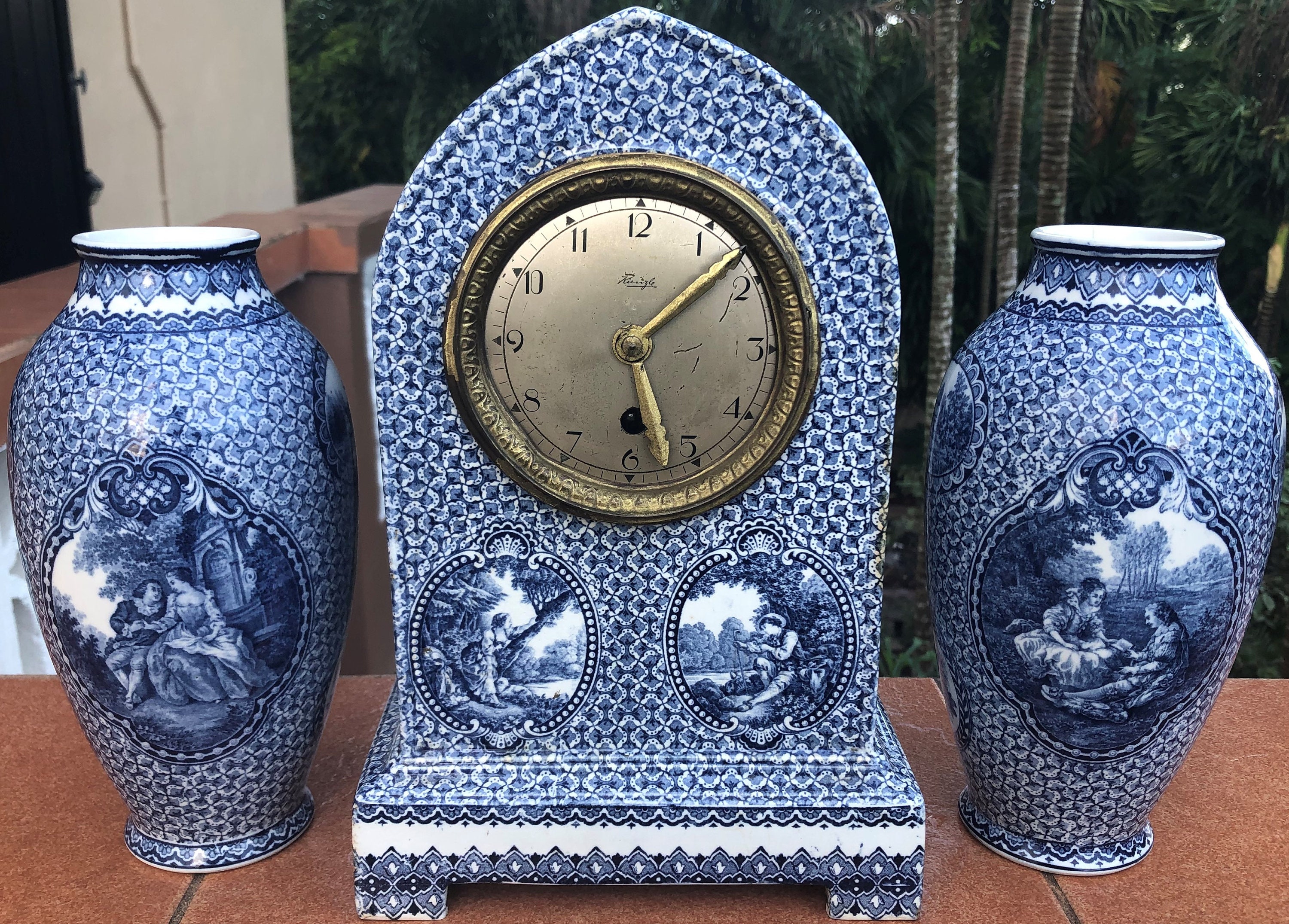 LARGE! Royal Bonn Delft Blue Clock & Vase Set Franz Anton Mehlem ...