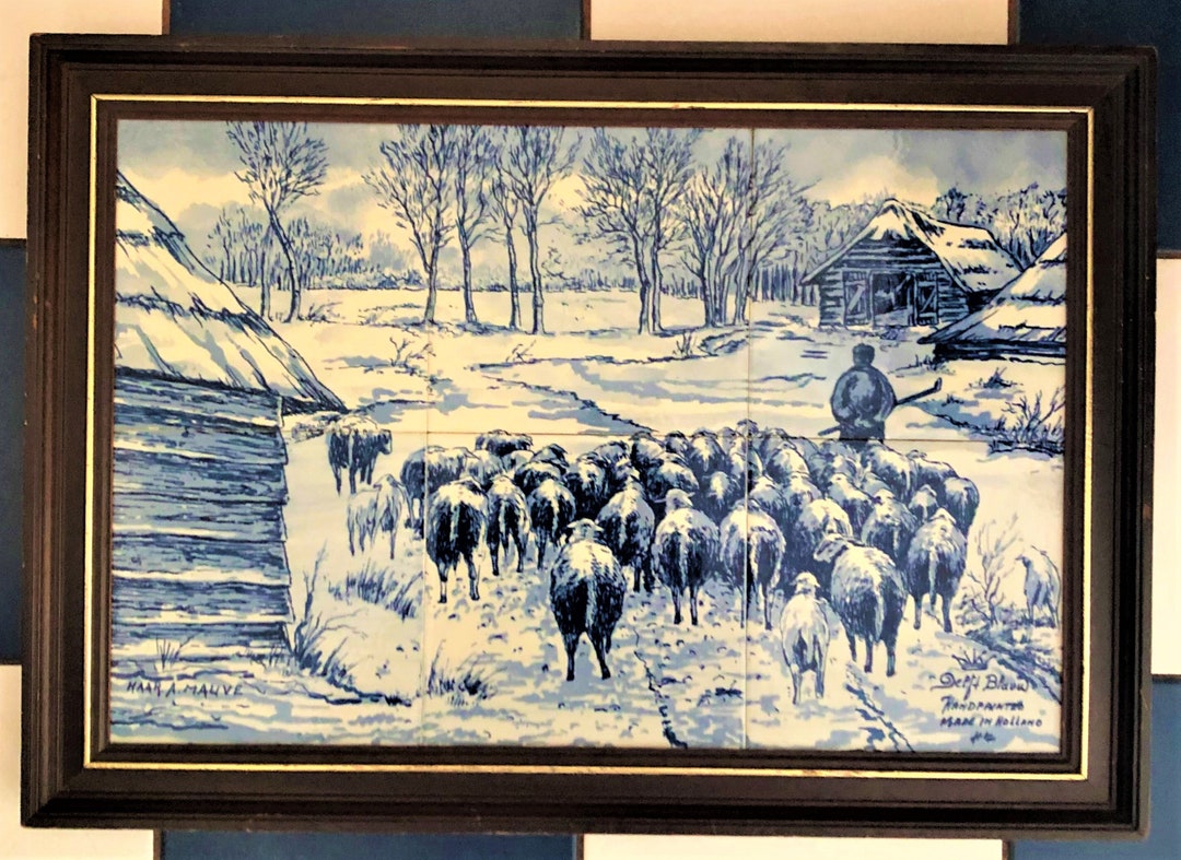 RARE! NKI Delft 6 Tile Tableau A Mauve's "sheep" Delfts Blauw ...